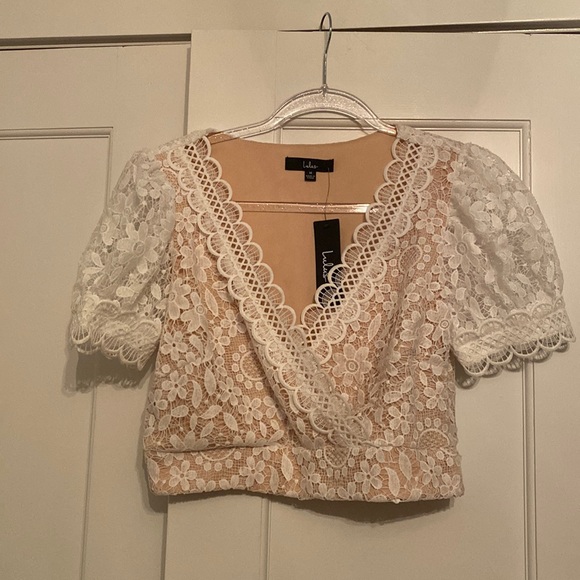 Lulus | Tops | Lulus Always With Grace White Lace Surplice Puff Sleeve ...